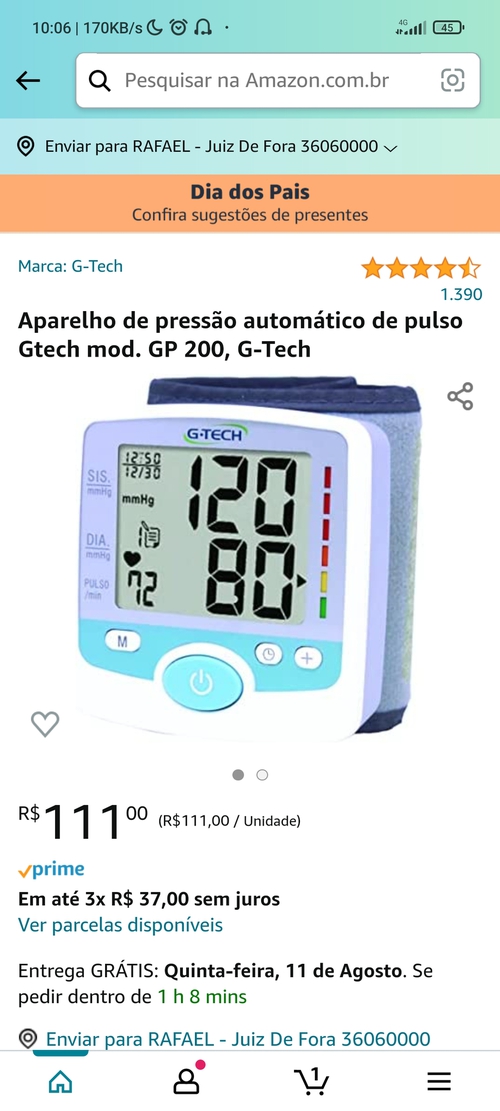 Por R$ 78,80: [Prime] Aparelho de pressão automático de pulso Gtech mod ...