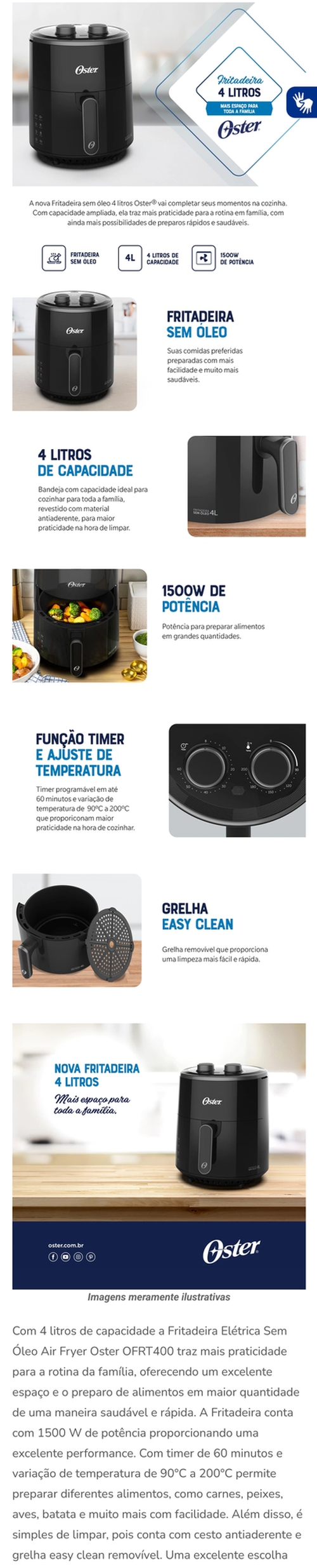 Por R$ 359: Fritadeira Elétrica Sem Óleo Air Fryer Oster OFRT400 4L ...