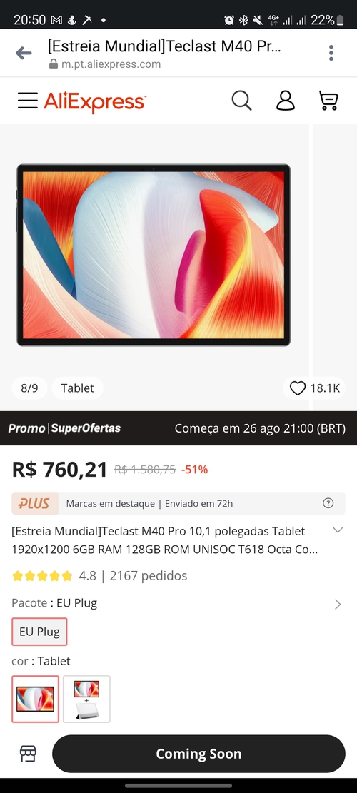 Por R$ 760: Tablet Teclast M40 Pro 10,1 polegadas 1920x1200 128/6GB ...