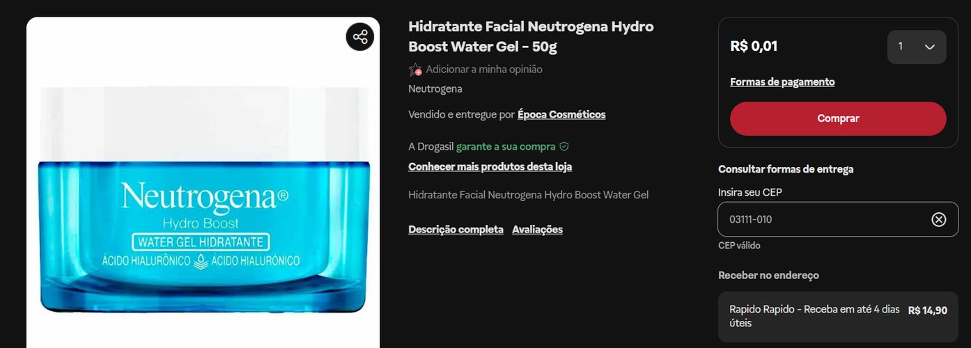 Por R$ 0,01: BUG - Hidratante Facial Neutrogena Hydro Boost Water Gel ...
