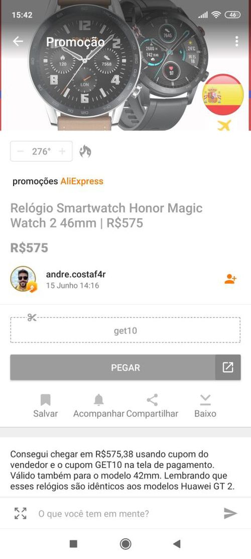 Por R$ 1.257: Smartwatch Huawei GT2 Laranja 46mm - 4GB | R$ 1.257 | Pelando