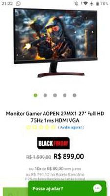 Saindo por R$ 691: Monitor Gamer AOPEN 27" Full HD 75Hz 1ms HDMI VGA ...