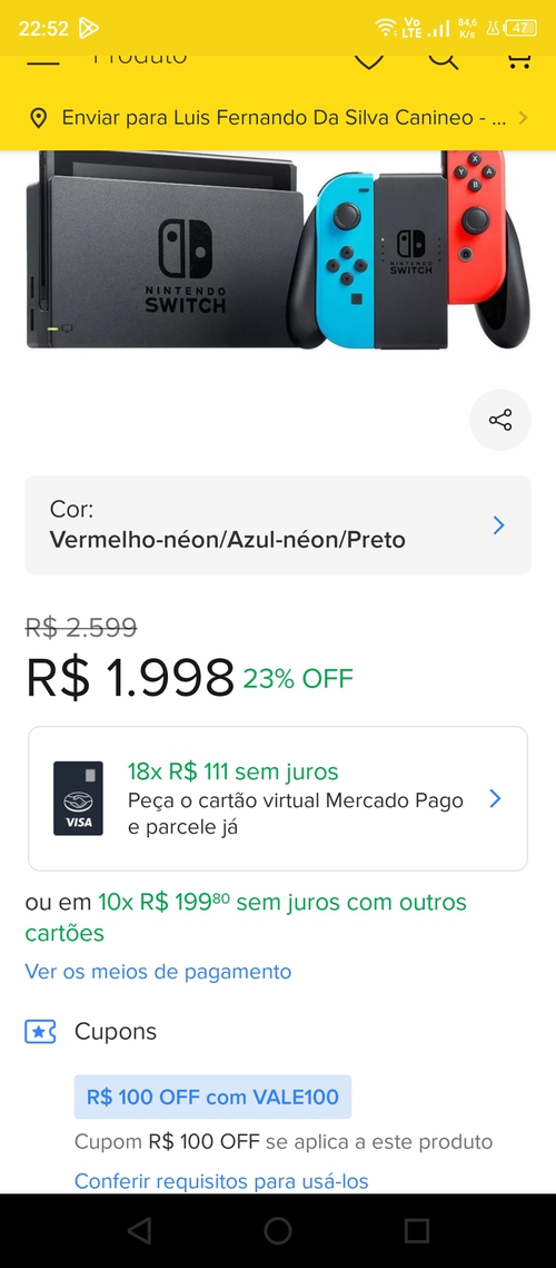 Por R$ 1.898: Nintendo Switch 32GB Standard cor vermelho-néon, azul ...