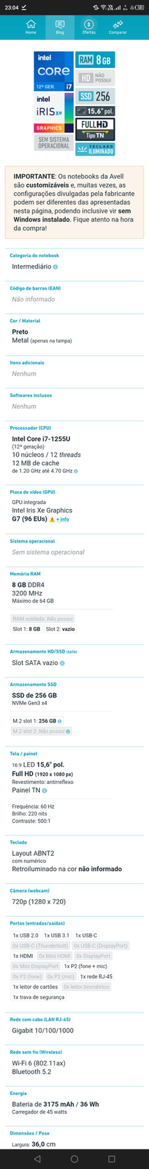 Por R$ 2.998: Avell B.On Lite New i7 1255u 8gb 256gb retroiluminado 15 ...