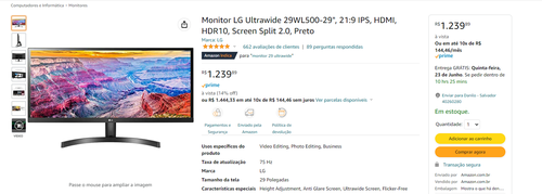 Por R$ 1.249: Monitor LG Ultrawide 29WL500-29", 21:9 IPS, HDMI, HDR10 ...