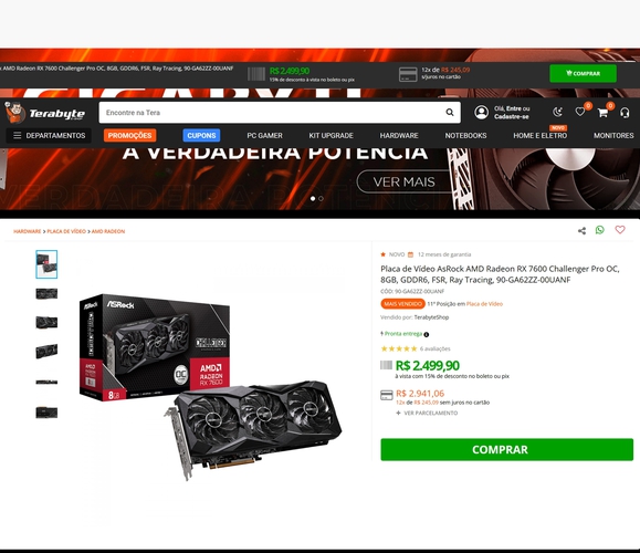 Por R$ 1.399: Placa de Vídeo AsRock RX 7600 8GB GDDR6 OC | Pelando